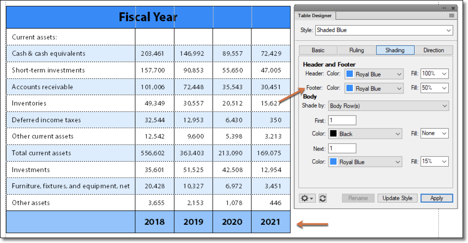 Adobe FrameMaker: Define different colors for table header and footer ...