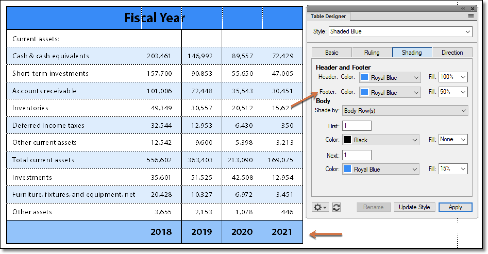 Adobe FrameMaker Define Different Colors For Table Header And Footer